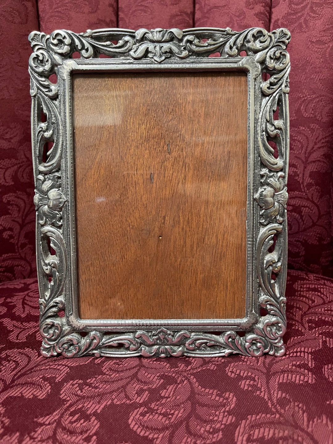 Vintage 1970 PEWTER Picture Frame With Solid Wood Backing.about 8.5x6.5 ...
