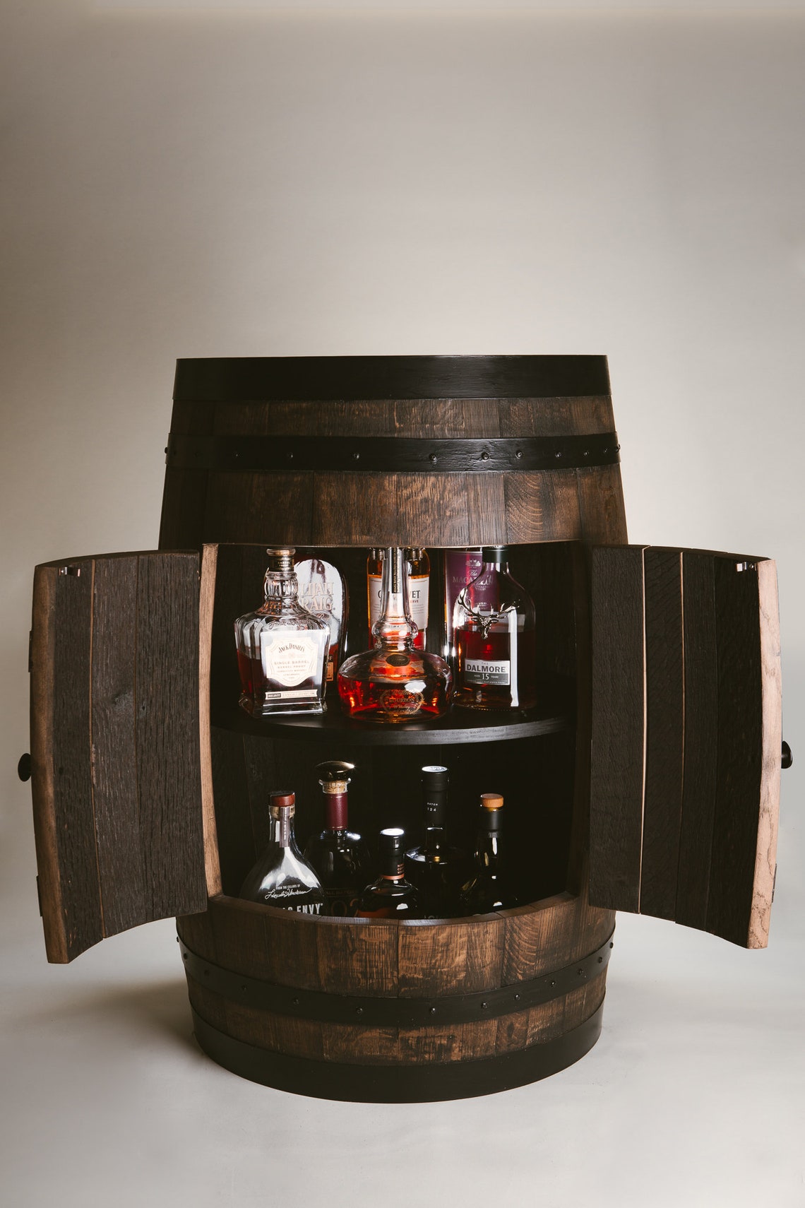 Real Whiskey Barrel Bar Cabinet Rustic Double Door Interior Lighting ...