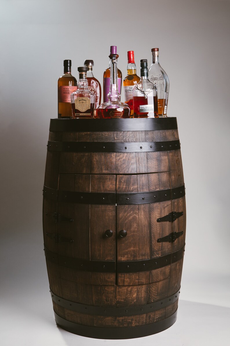 Real Whiskey Barrel Bar Cabinet Rustic Double Door Interior Lighting ...