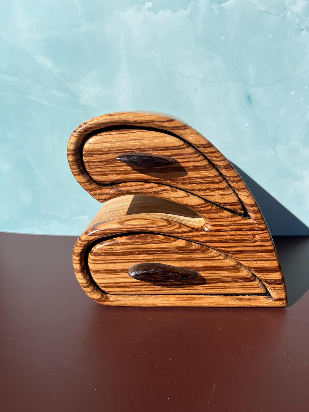 Zebrawood and Plywood Jewelry Box With Elegant Wenge Pulls and Plush ...