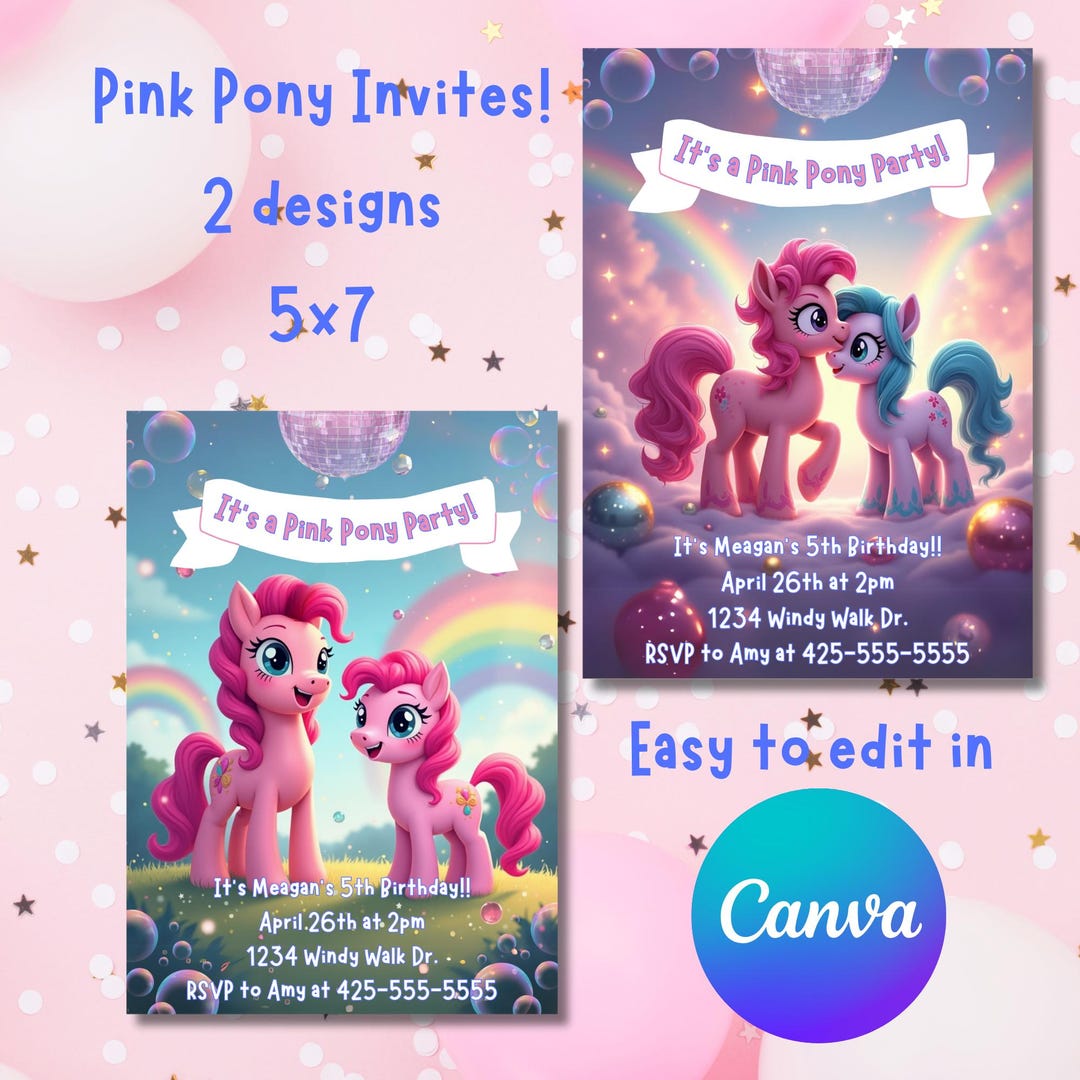Pink Pony Birthday Party Invitation Editable Canva Template - Two 5x7 ...