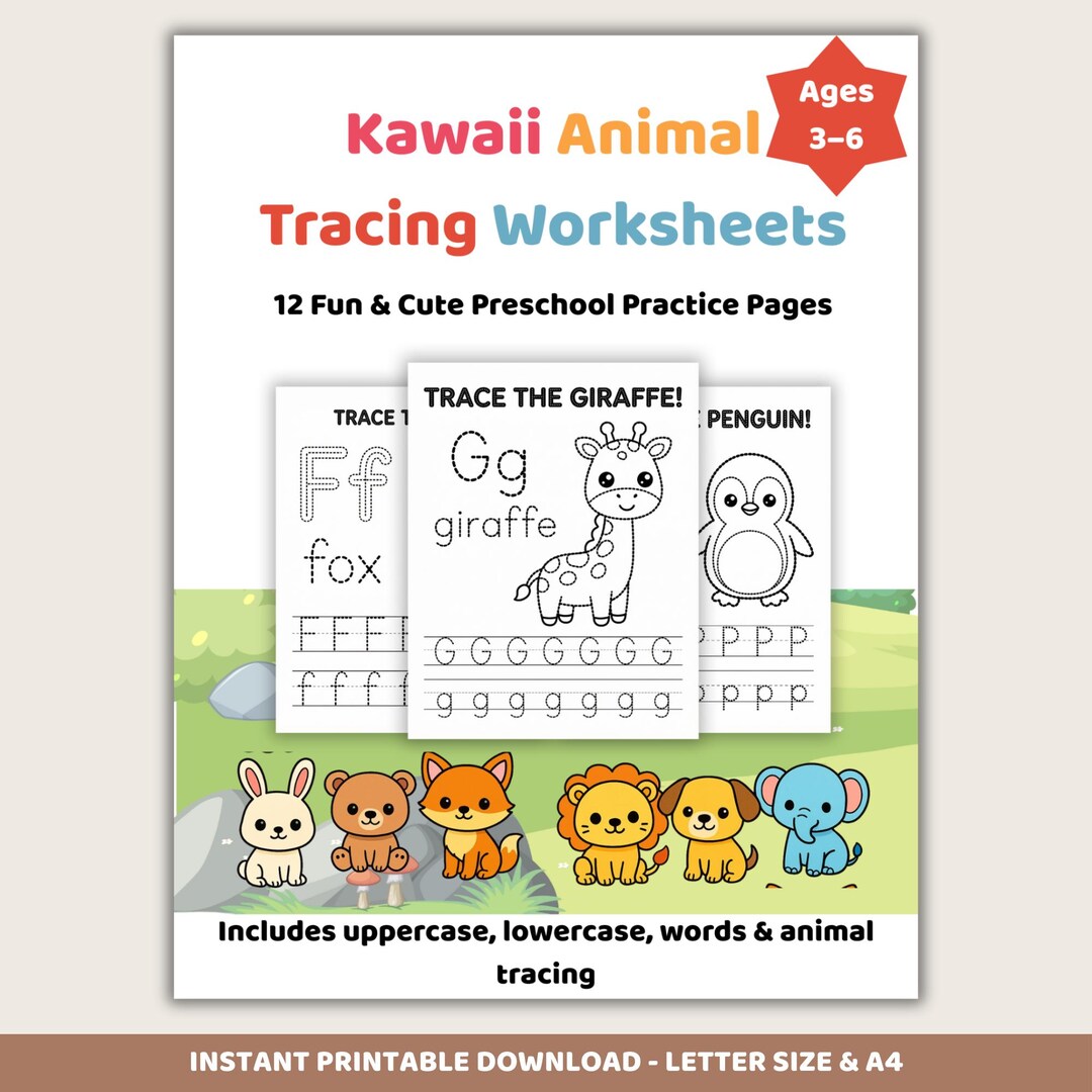 Kawaii Animal Tracing Worksheets for Kids | 12 Preschool Handwriting ...