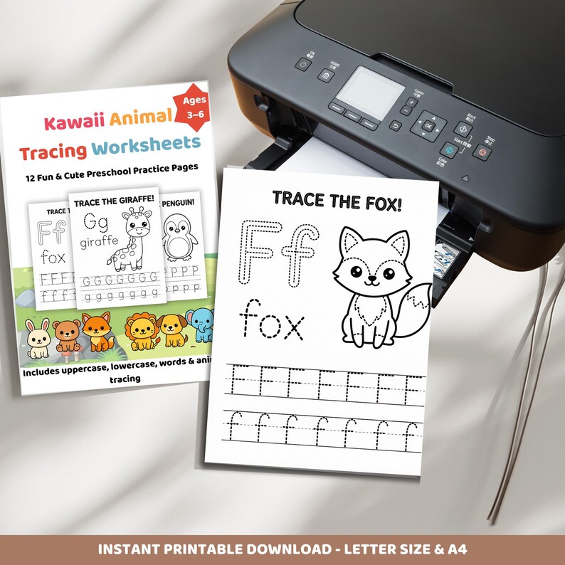 Kawaii Animal Tracing Worksheets for Kids | 12 Preschool Handwriting ...