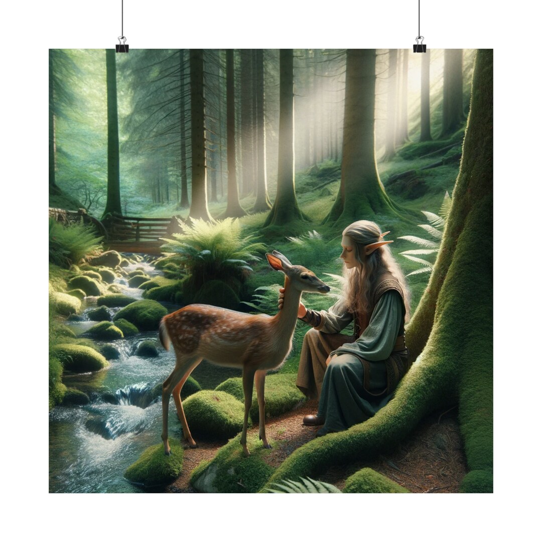 Enchanted Forest Elf Poster - Fantasy Female Elf and Deer Art Print ...