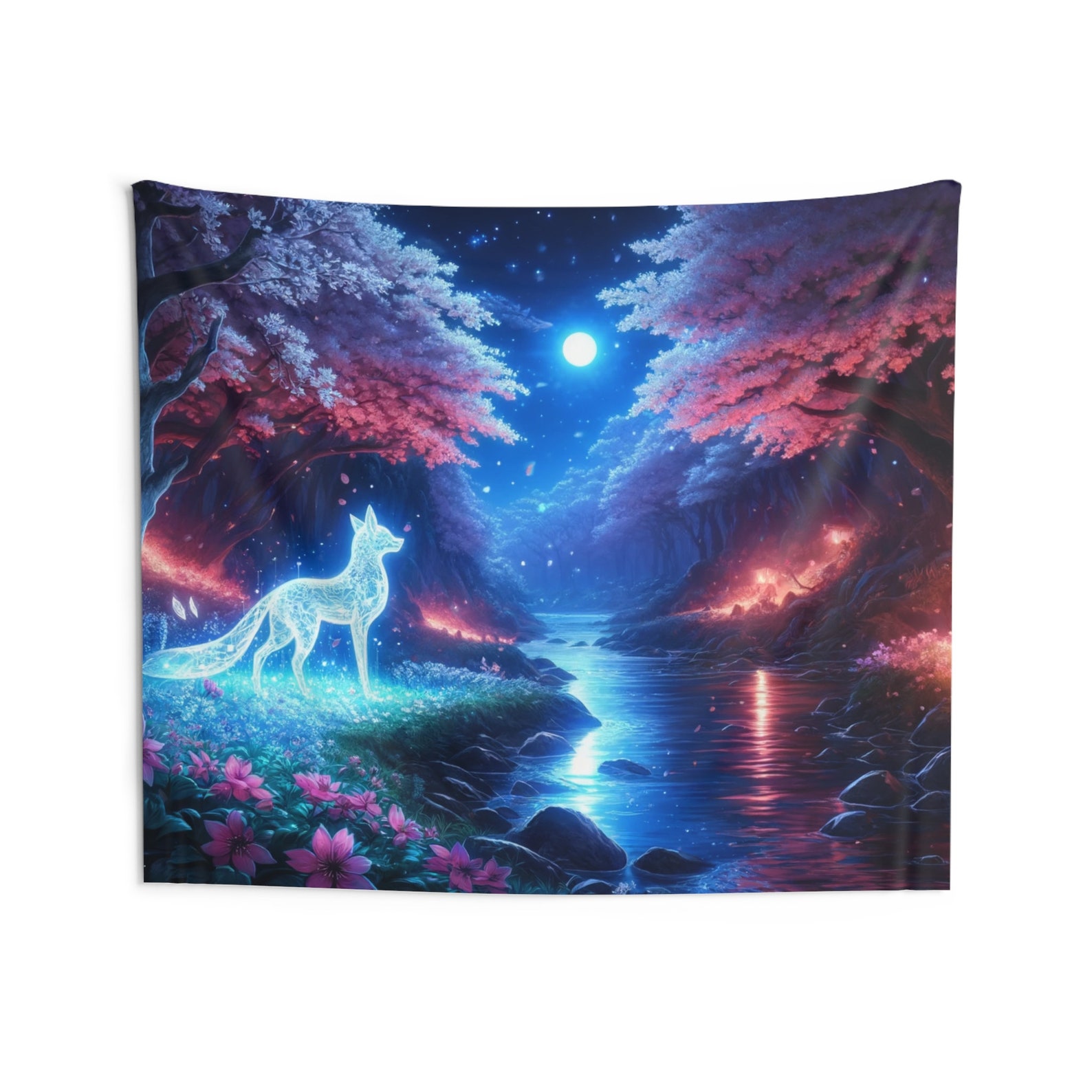 Japanese Spirit Fox Sakura Full Moon Tapestry, Ethereal Mystical ...