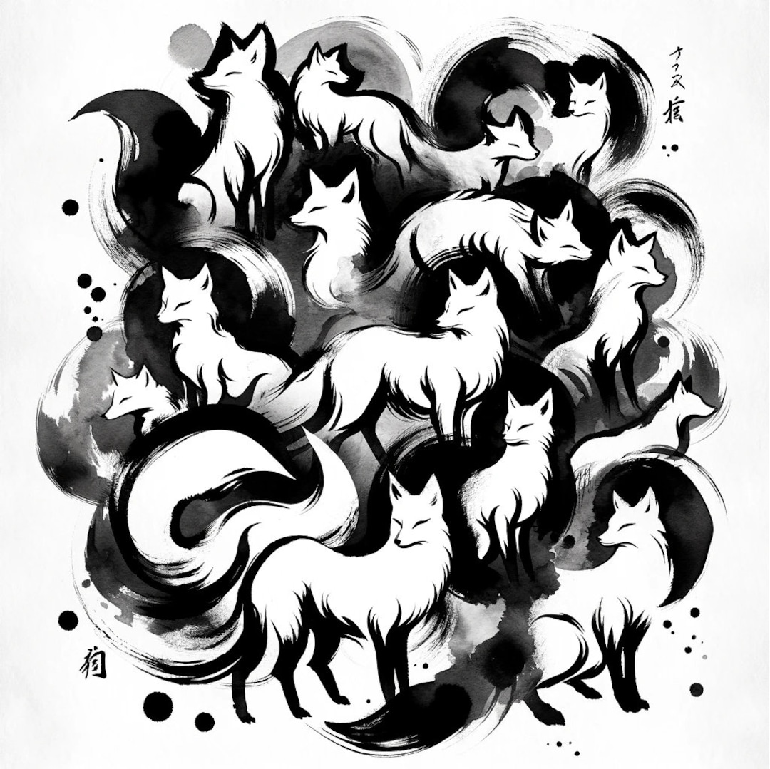 Sumi-e Style Japanese Spirit Foxes Image File - Anime Fantasy Genshin ...
