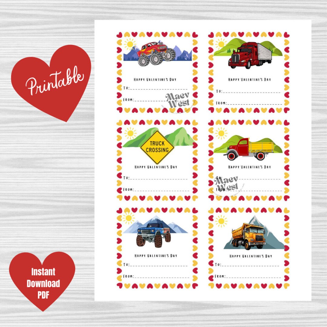 Printable Trucks Valentine's Grams Digital Download, Printable ...