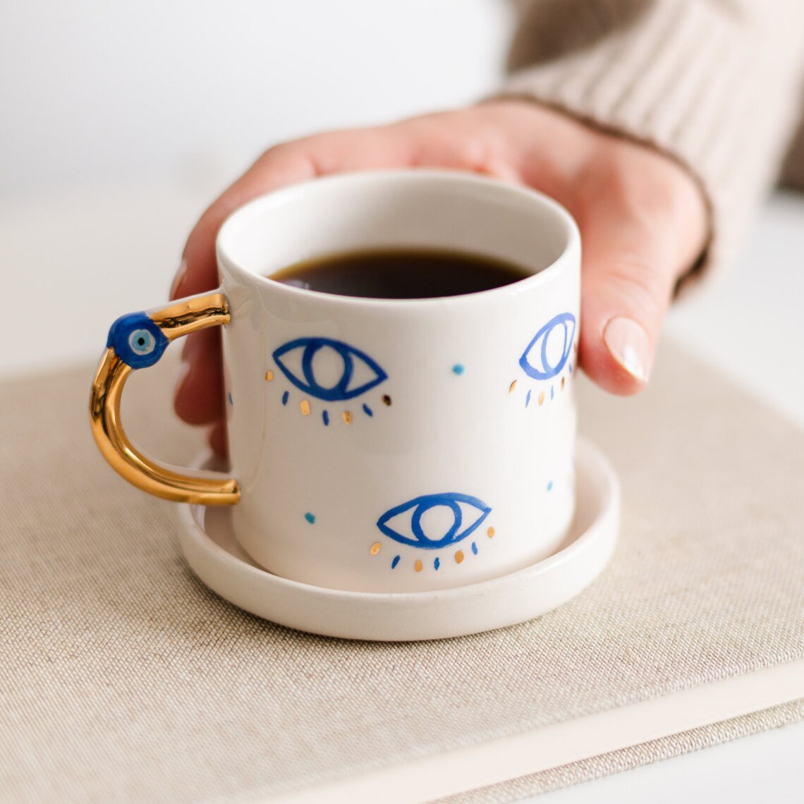 Blue Evil Eye Cup With Coaster Set, 24k Gold Plated Tea Mug & Saucer ...