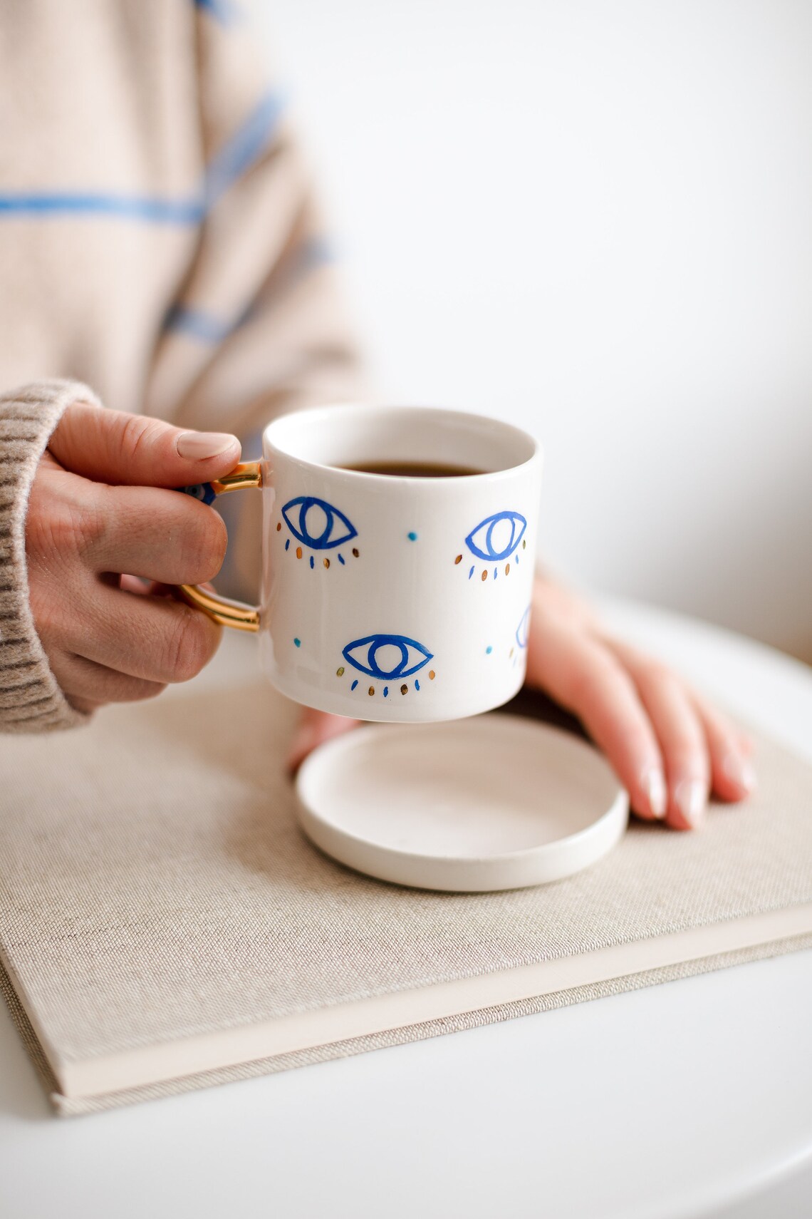 Blue Evil Eye Cup With Coaster Set, 24k Gold Plated Tea Mug & Saucer ...