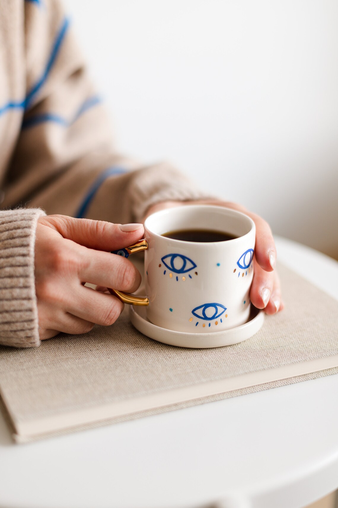 Blue Evil Eye Cup With Coaster Set, 24k Gold Plated Tea Mug & Saucer ...