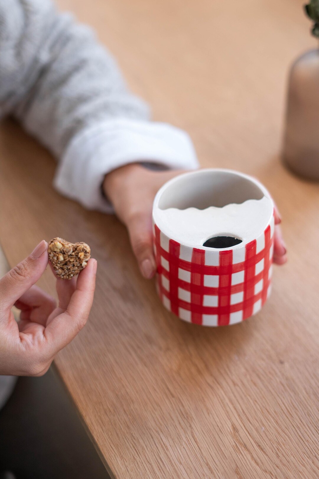 Checkered Thermos Ceramic Tumbler, Hand Thrown Travel Mug, Minimalist ...
