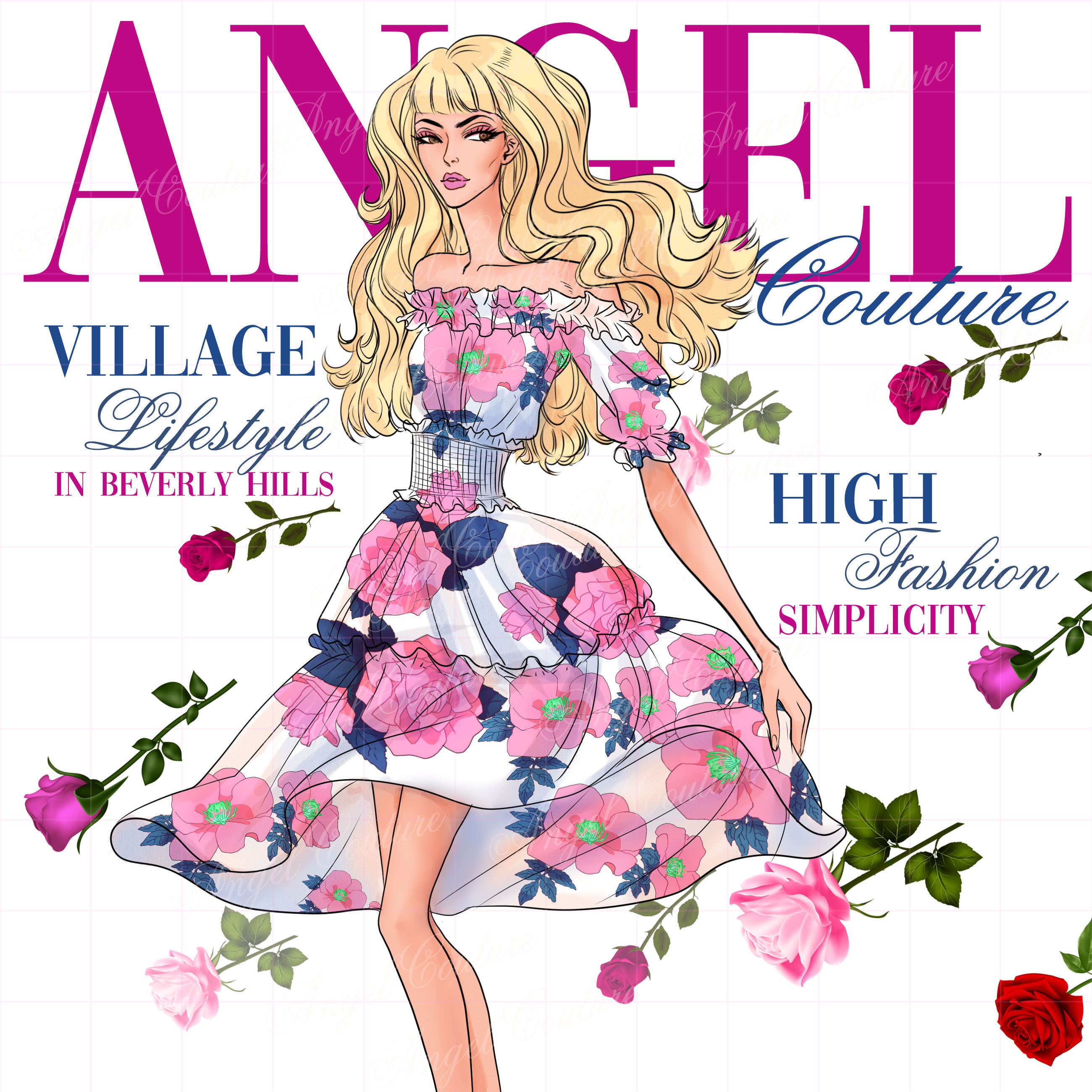 Fashion Magazine Cover Drawing, Girl in Flowers Dress Illustration ...