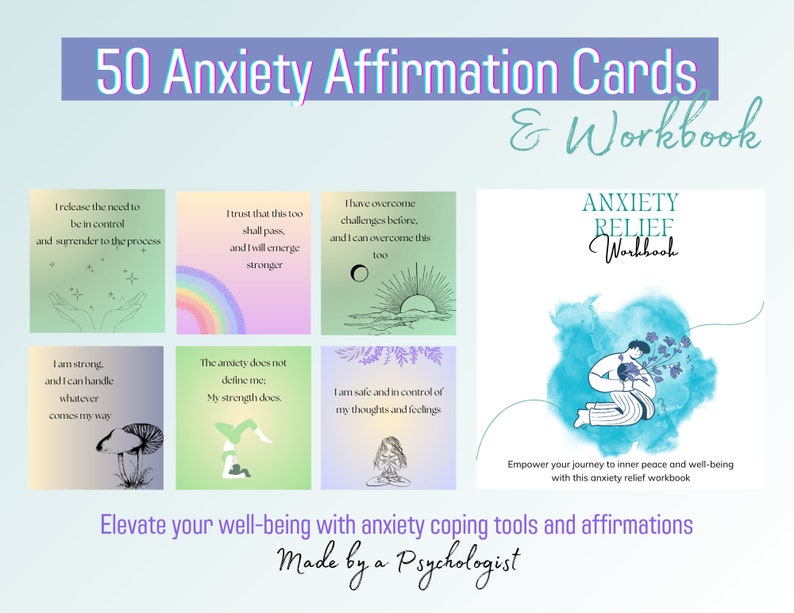 50 Anxiety Affirmation Cards & Workbook | Therapy Tools for Anxiety ...