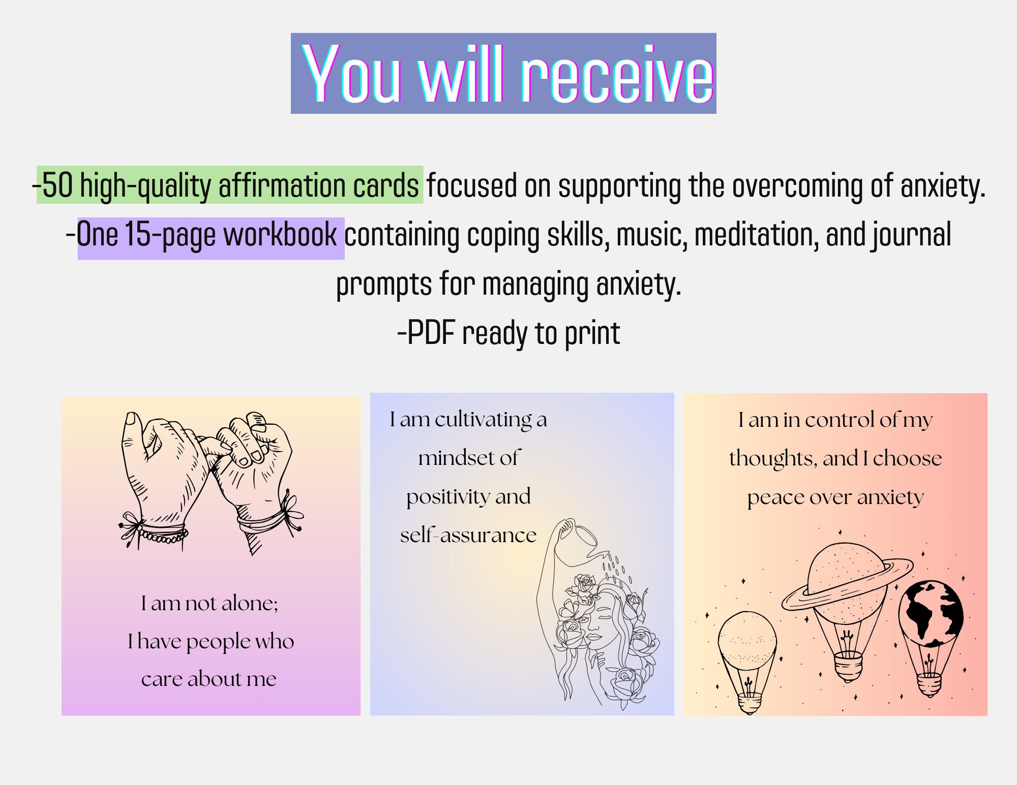 50 Anxiety Affirmation Cards & Workbook | Therapy Tools for Anxiety ...
