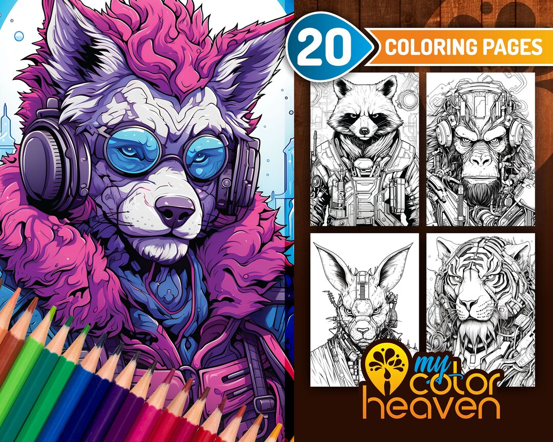 20 Cyberpunk Animals Coloring Book, Adults + Kids, Instant Download ...