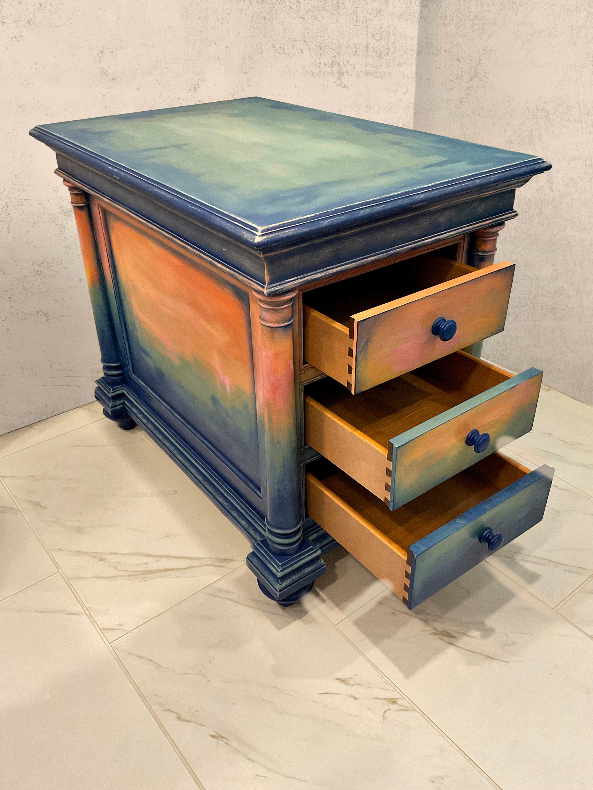 Hand Painted 3 Drawer End Table in Green Blue Peach Color Shabby Chic ...