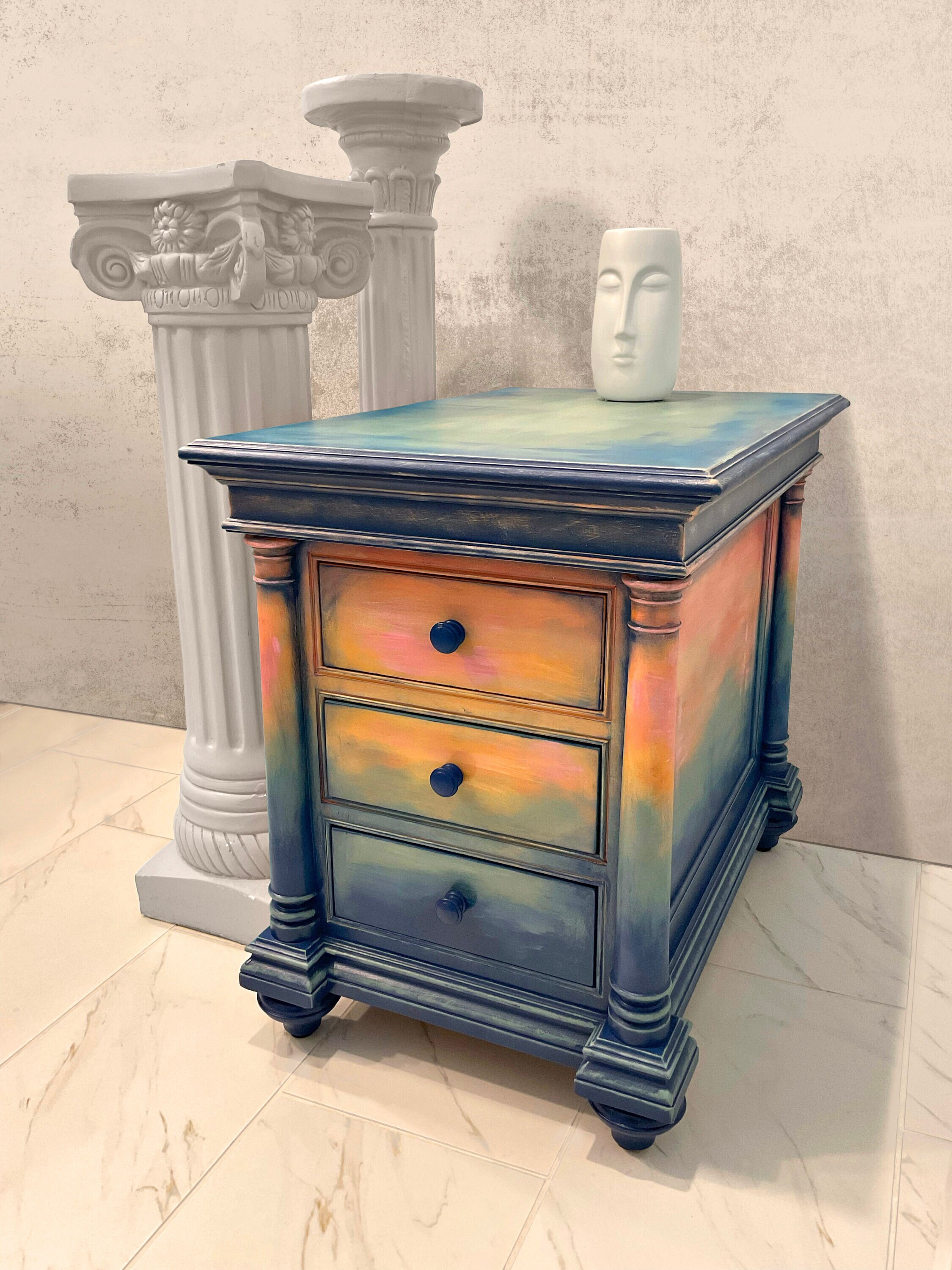 Hand Painted 3 Drawer End Table in Green Blue Peach Color Shabby Chic ...
