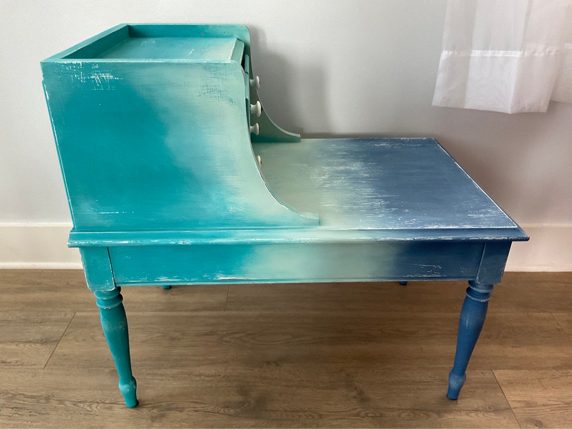 Hand Painted End Table Blue Two Tiered Vintage Table Accent Table ...