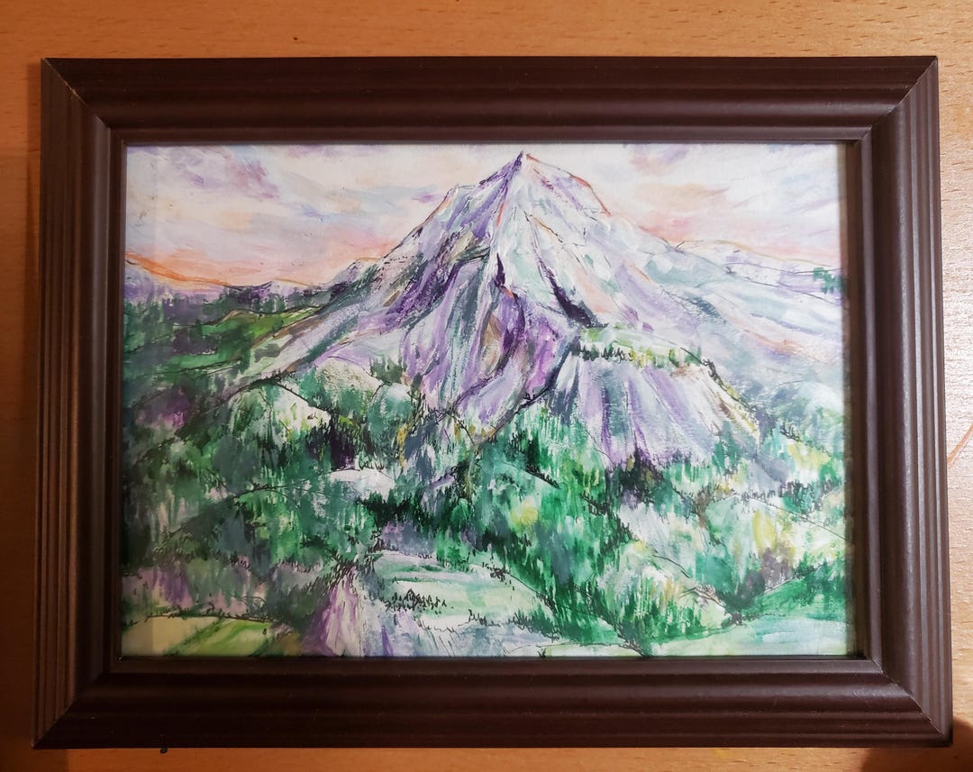 Mountain Peak at Sunset Watercolor Painting - Original Art, Wood Phrame ...