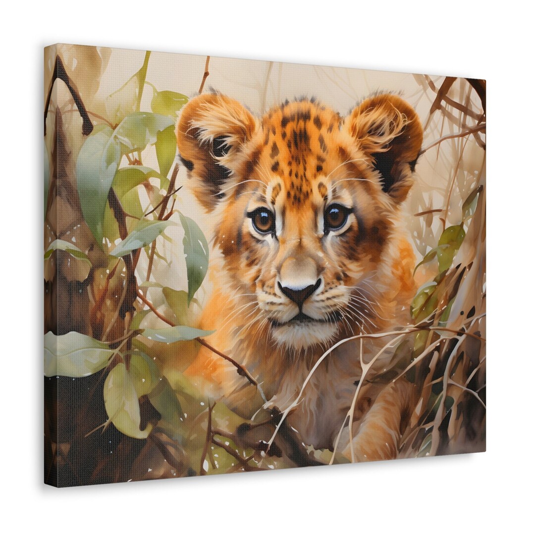 Watercolor Baby Lion in Nature Art Canvas Gallery Wraps Baby Lion Print ...