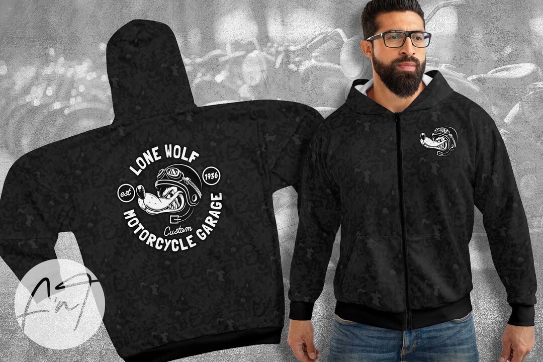 The “lone Wolf Motorcycle Garage” Zip-up Hoodie - Full Coverage With ...