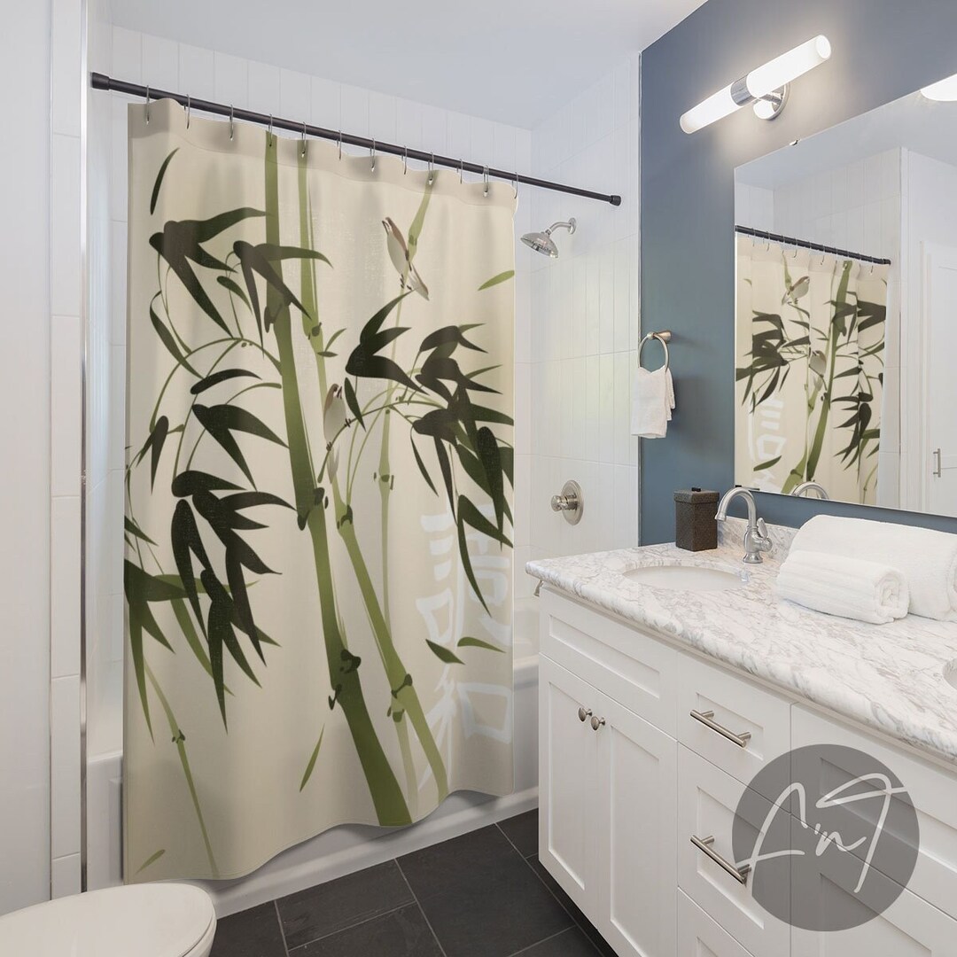 Zen Bamboo Shower Curtain: Bird Harmony, Waterproof Bathroom Decor - Etsy