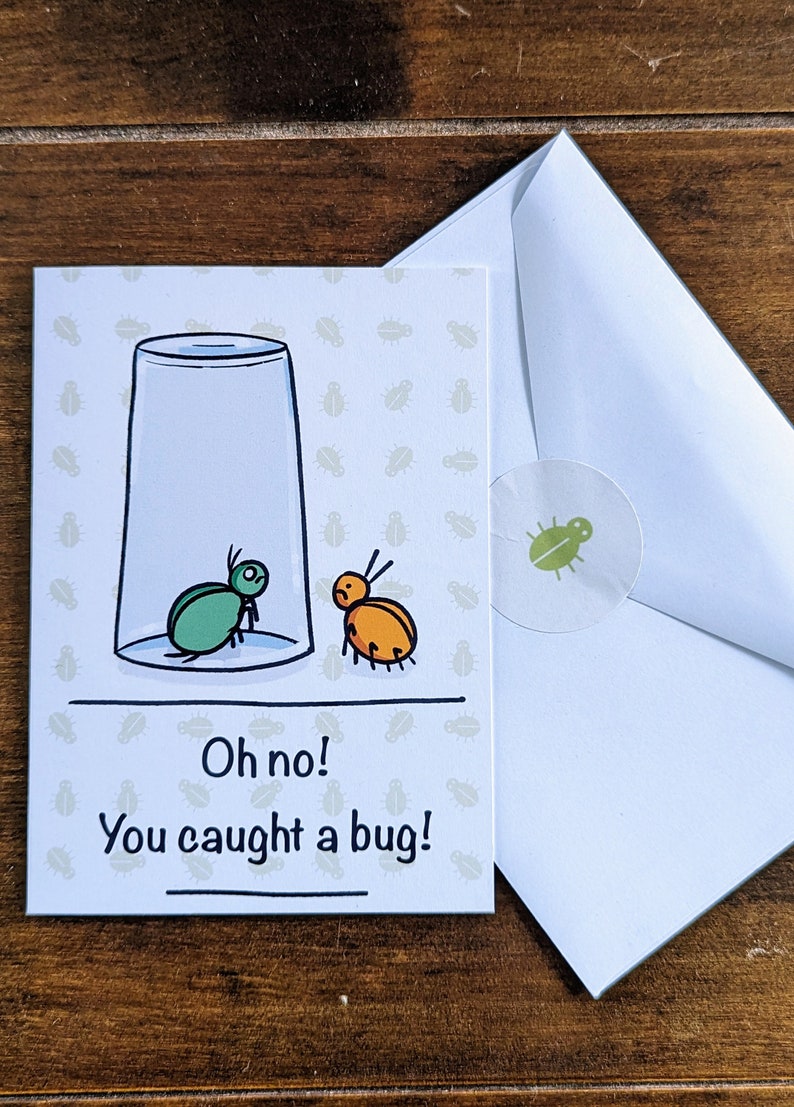 Caught a Bug Silly Get Well Soon Card Handmade A6 Illustrated Greeting ...