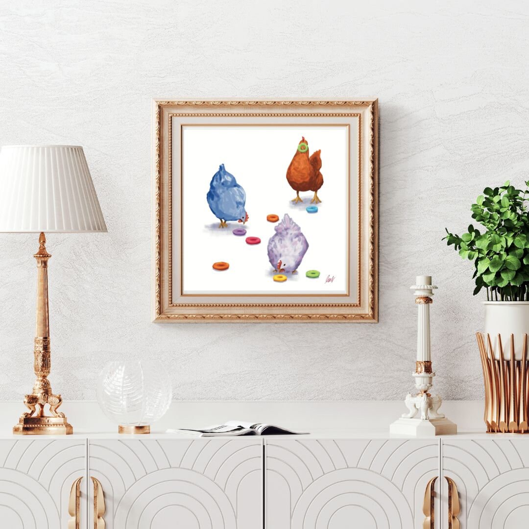 Chickens and Fruit Loops Art Print / Quirky Colourful Farm Countryside ...