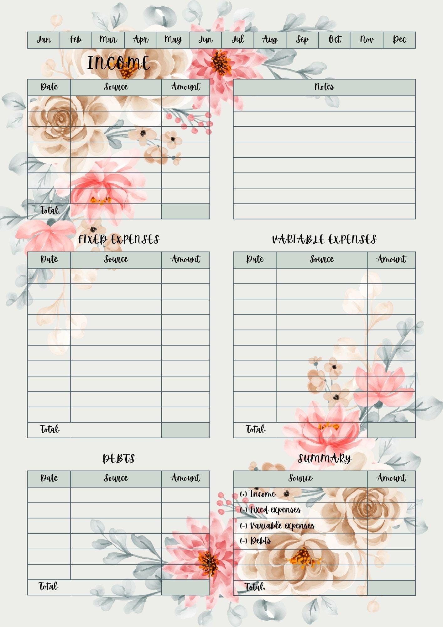 Floral Monthly Budget Planner *printable* - Etsy