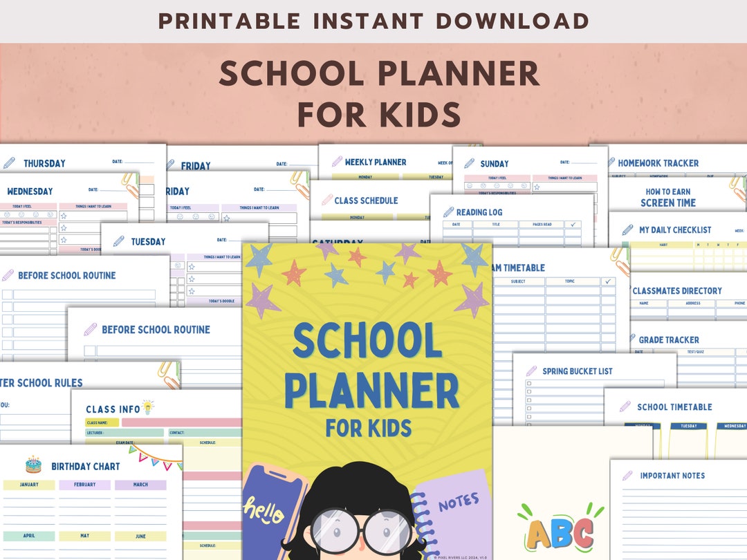 Digital School Planner for Kids Printable instant Download Study ...