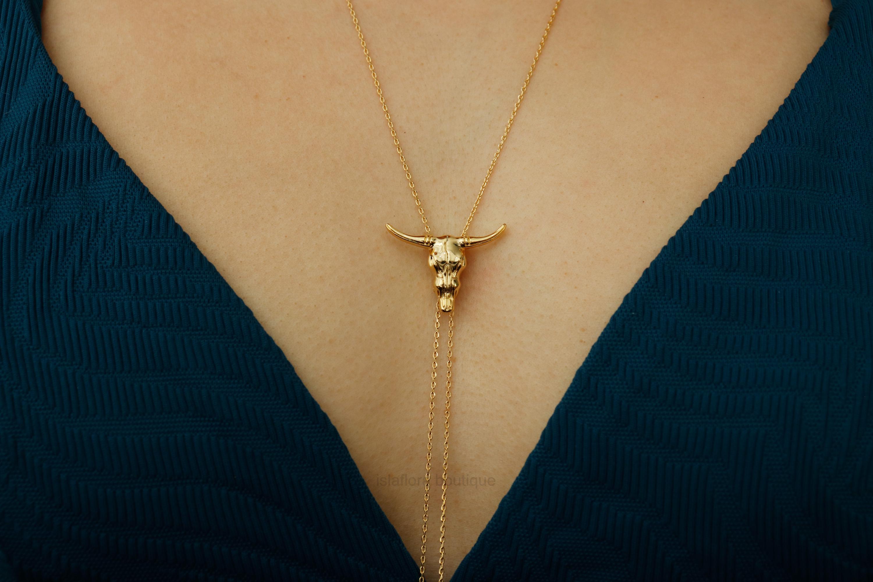 Bull Head Bolo Long Chain Necklace, Cowgirl Aesthetic, Cowboy Gold ...
