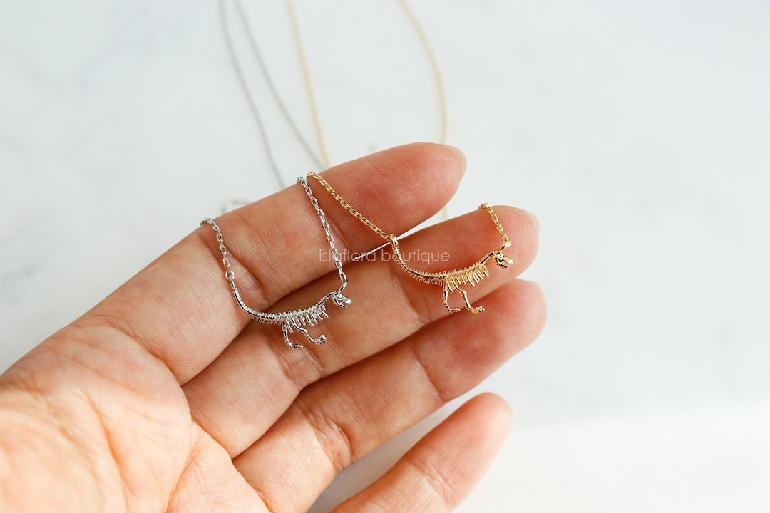 Dainty Realistic T-rex Skeleton Necklace, Gold Plated 3D Tyrannosaurus ...