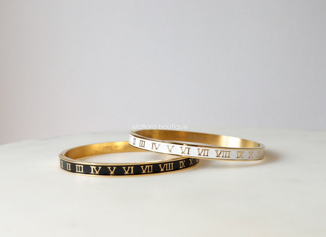 Roman Numeral Cuff Latch Bangle Bracelet, White Black Enamel Over Gold ...