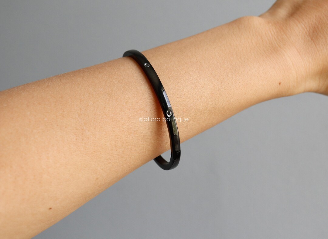 Black Rhinestone Paved Shiny Black Cuff Latch Bangle Bracelet, Stainless Steel, Aesthetic ...