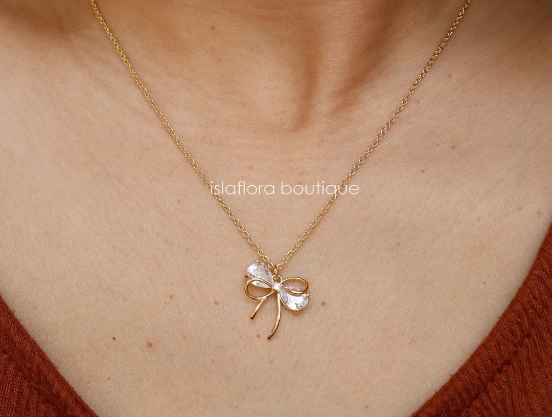 Dainty Tied Ribbon Bow Necklace, Uneven Crystal Bow Accent, Aesthetic ...