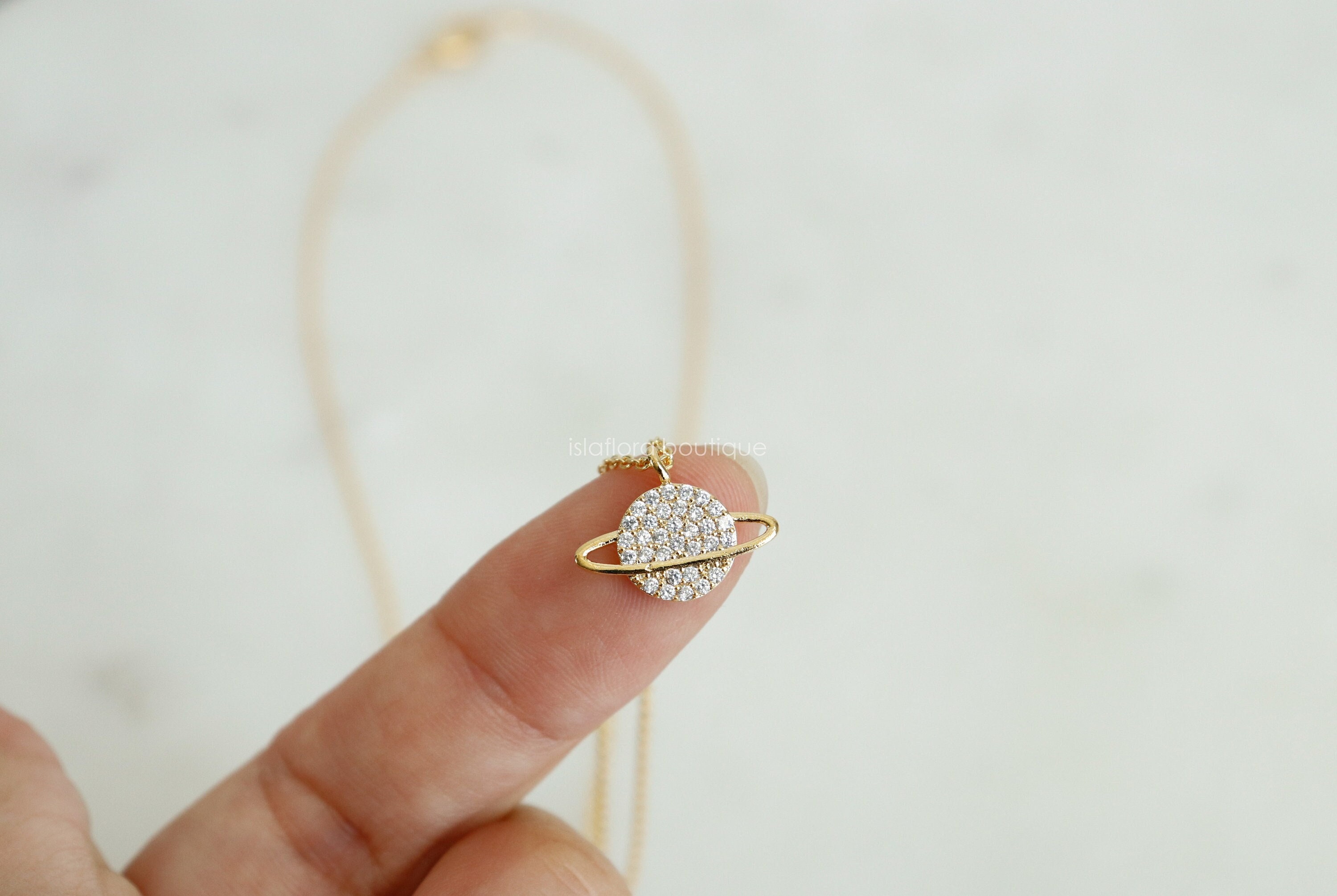 Rhinestone Paved Saturn Planet Pendant Necklace Dainty Cubic Crystal Charm Aesthetic Gold Dipped Minimalist Jewelry Bridesmaid Her Gift