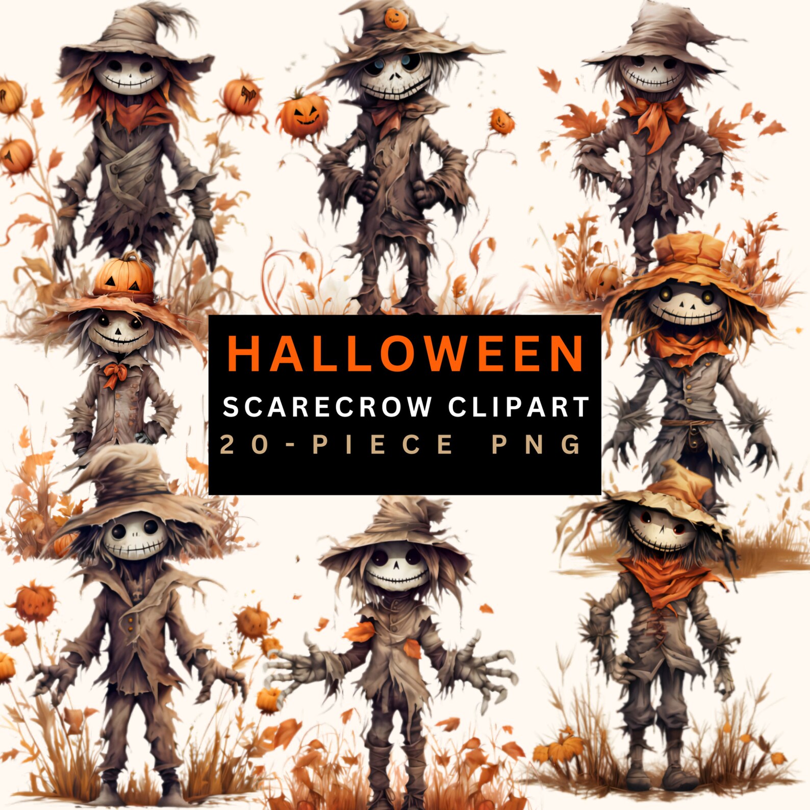 Halloween Scarecrow Printable Clipart 20-set High Quality PNG Cute and ...