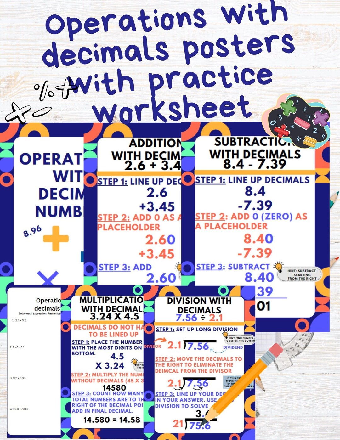 Operations With Decimals Poster With Practice Sheet - Etsy
