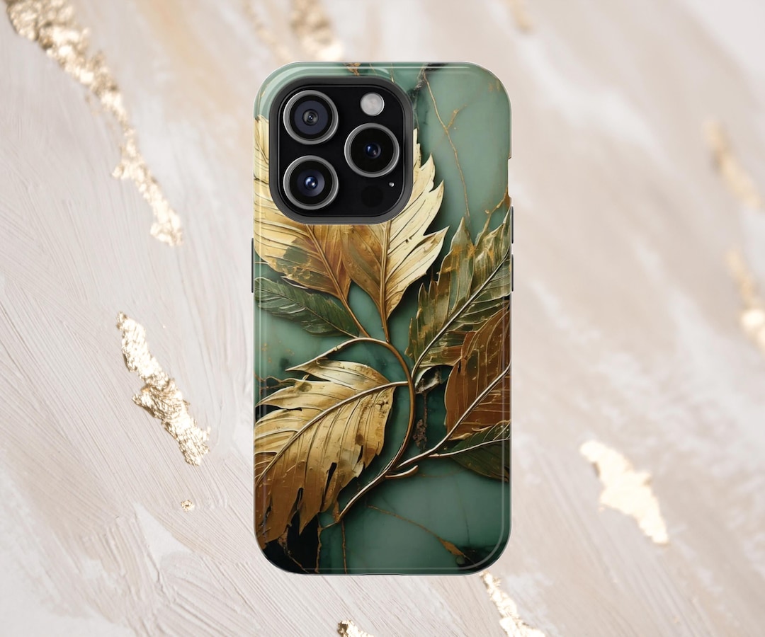 Gold Leaves Jade & Emerald Green Marble Phone Case, Soft Golden ...