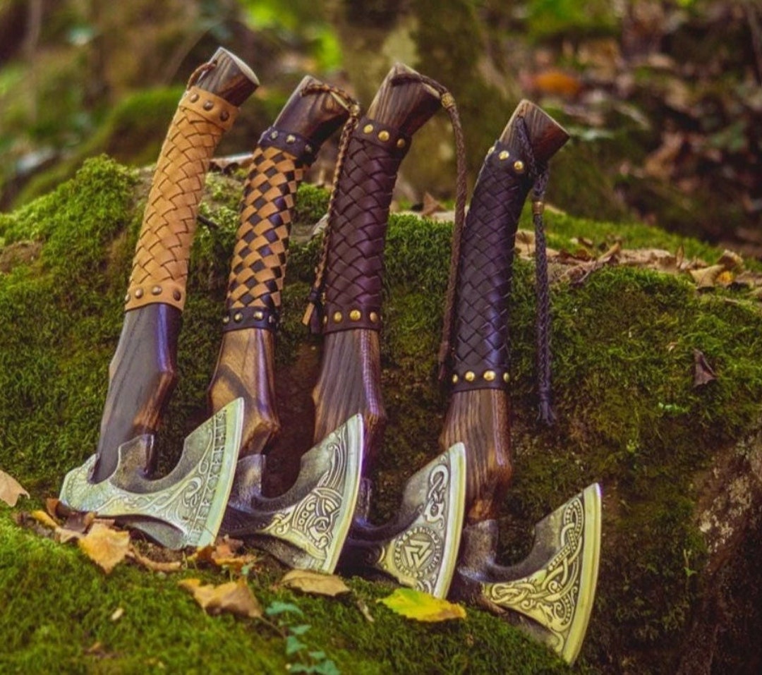 4 Axes Custom Gift VIKING AXE Hand Forged Axe Wood Handle Best Throwing ...