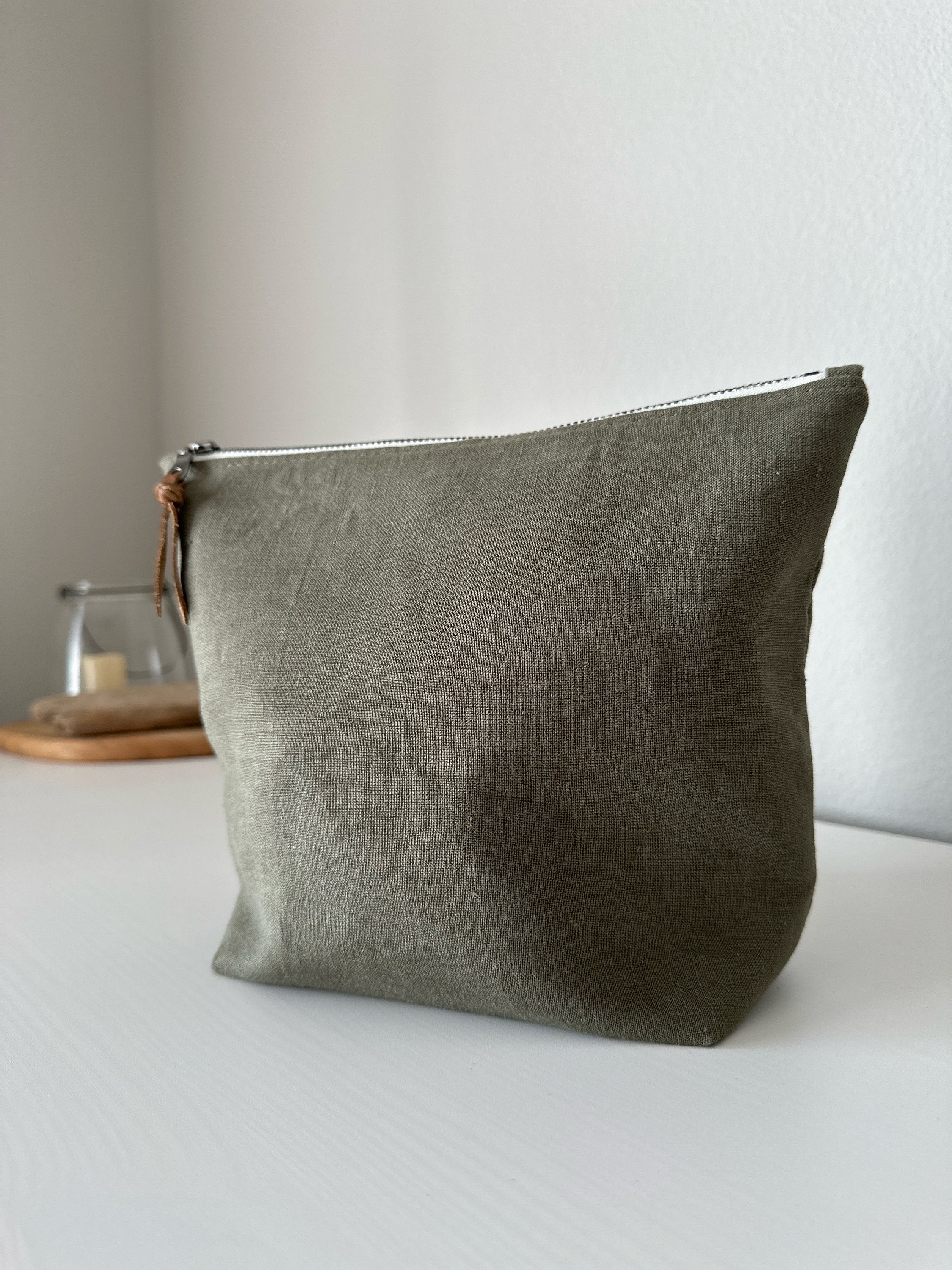 Large Linen Zipper Bag in Olive Green. Minimalist Makeup Bag, Cosmetic ...