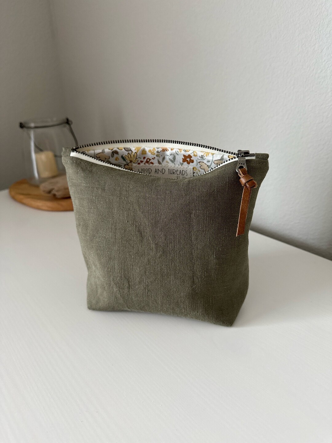 Small Olive Green Linen Zipper Bag With Floral Cotton Lining – Perfect ...