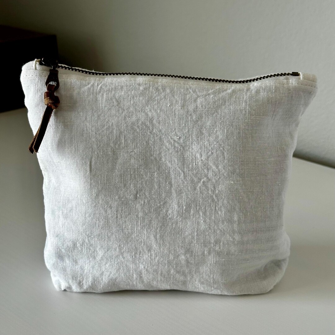 Small White Linen Zipper Bag With Gray Stripe Cotton Lining – Handmade ...