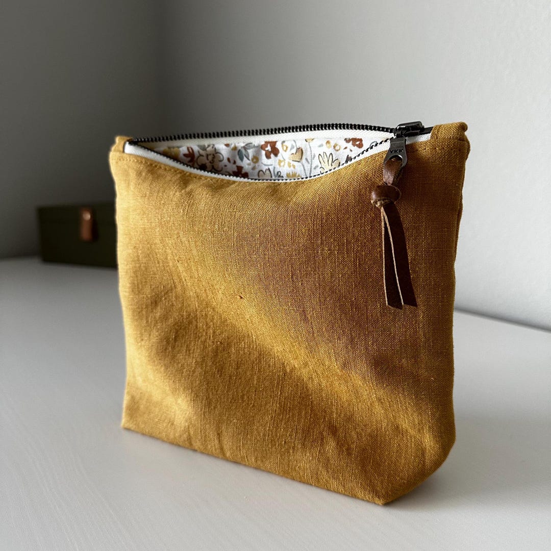 Mustard Linen Zipper Bag With Floral Lining – Eco-friendly Handmade ...
