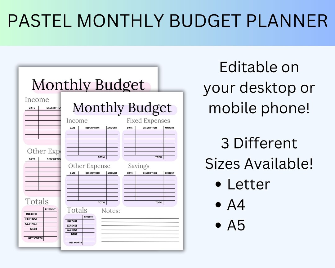 Pastel Monthly Budget Tracker - Etsy