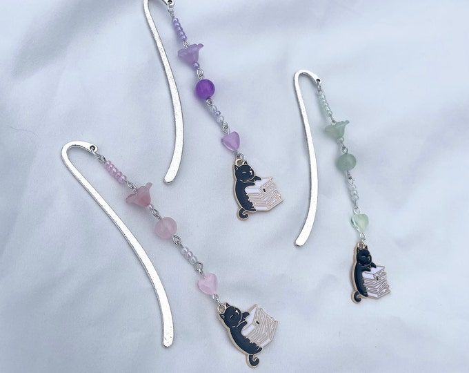 Cats & Books Metal Charm Bookmark Beaded Bookmark Handmade Book Lover ...