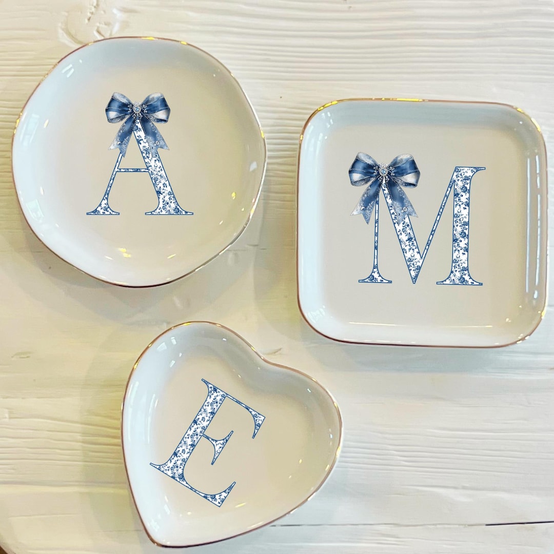 Personalized Blue Toile Initial Ring Trinket Dish | Blue Bow Toile Ring ...