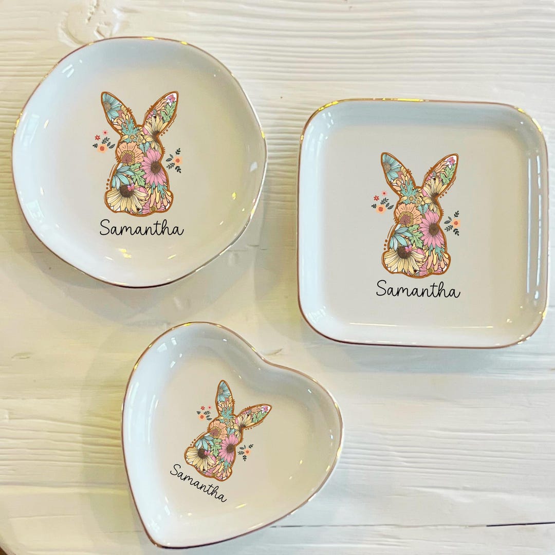 Easter Floral Bunny Personalized Ring Trinket Dish | Watercolor Easter ...