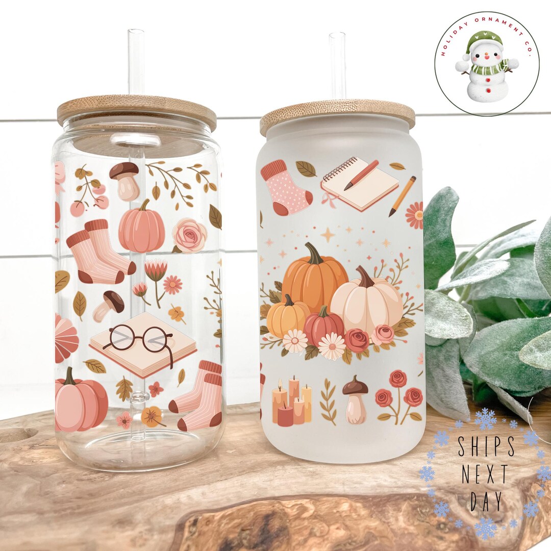 Cozy Fall Libbey Coffee Glass Tumbler: Watercolor Pumpkin Iced Coffee ...