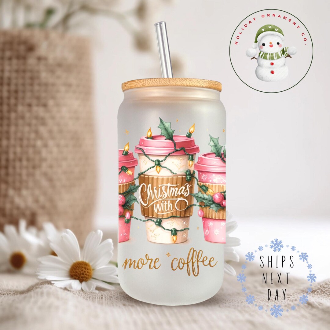 Christmas Coffee Glass Tumbler | Pink Holiday Iced Coffee Cup (16/20 Oz ...